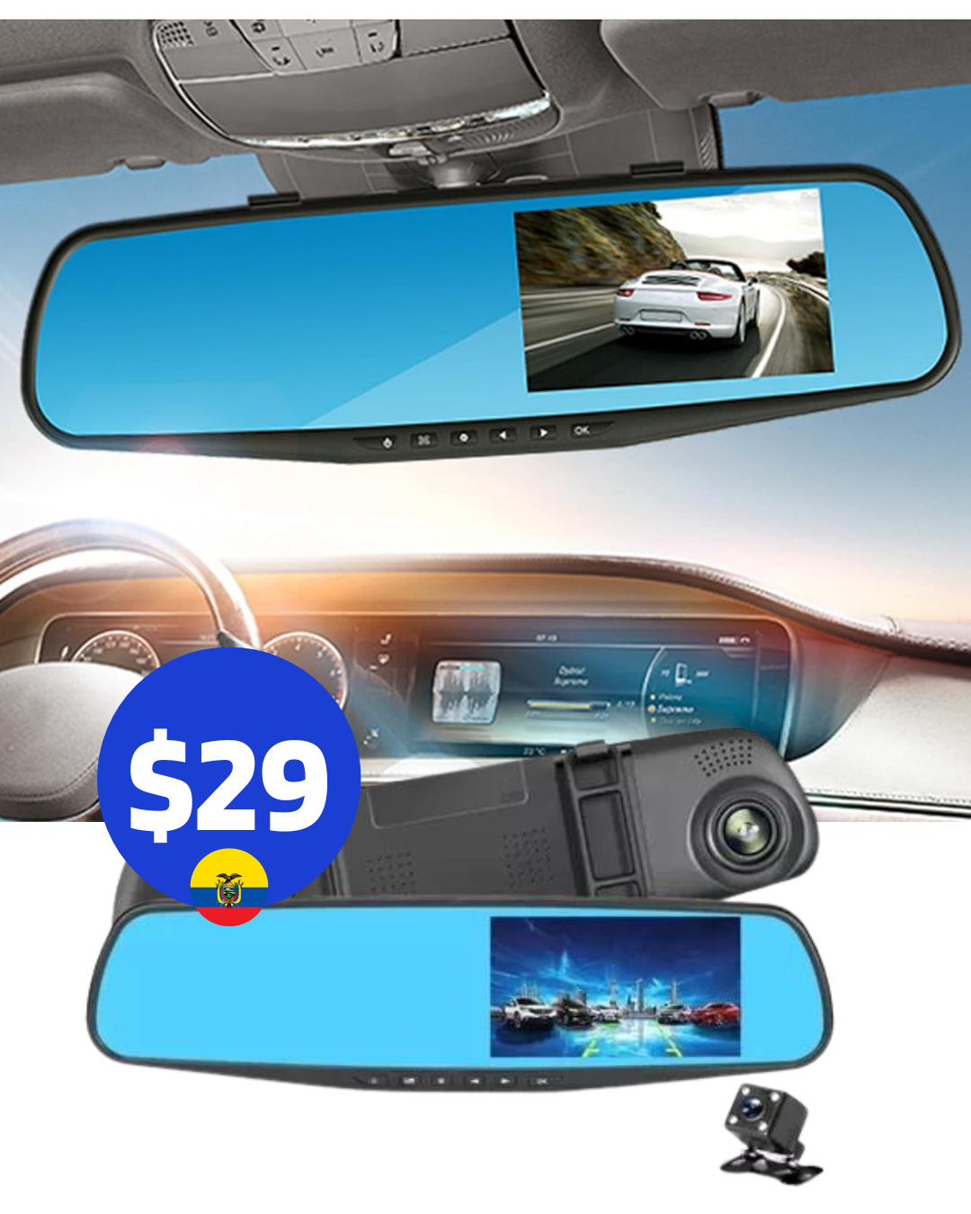 RETROVISOR PANTALLA CON CAMARA FRONTAL Y RETRO– Distrimass